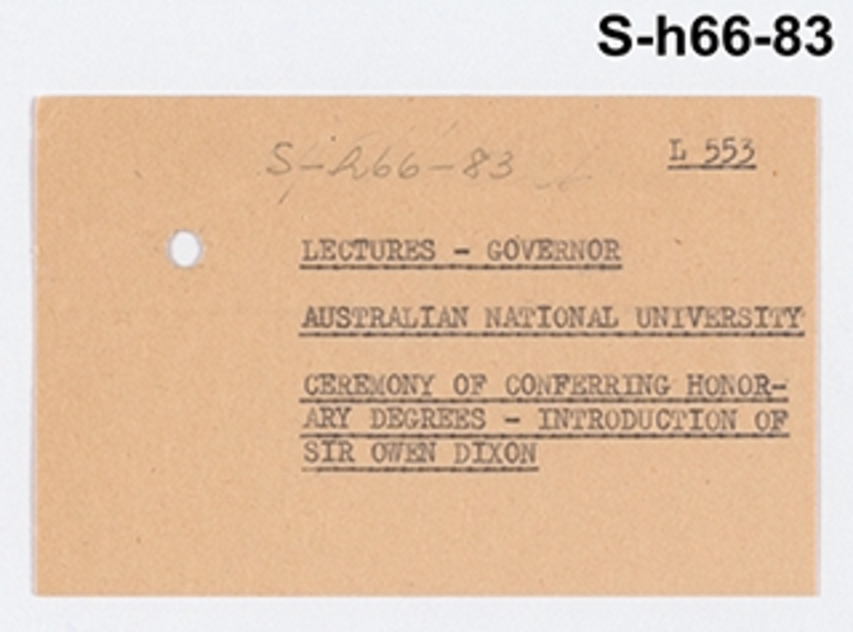 Secretary's Department - Lectures - Governor - Australian National ...